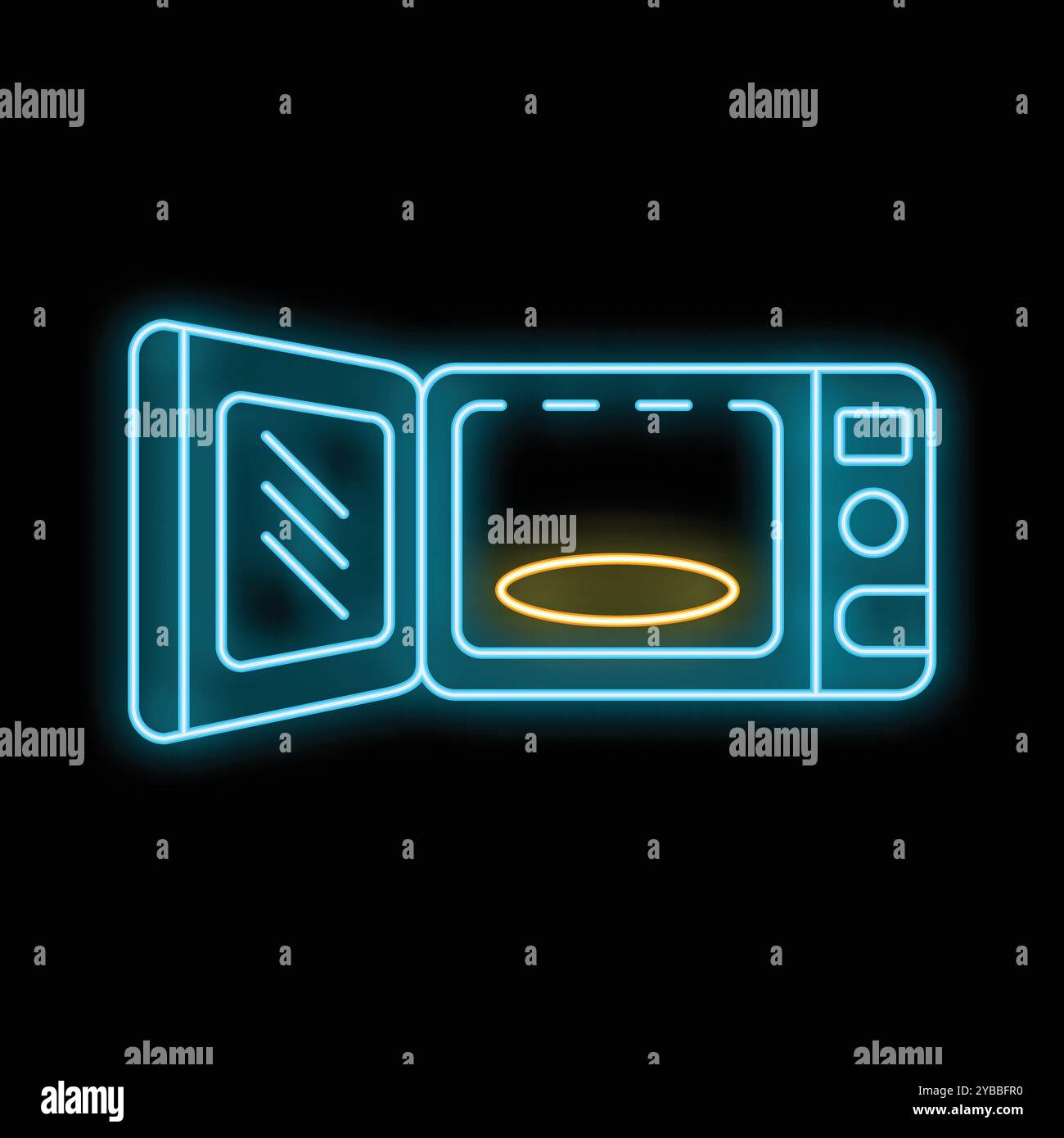 Open microwave oven with glowing plate neon icon on black background ...