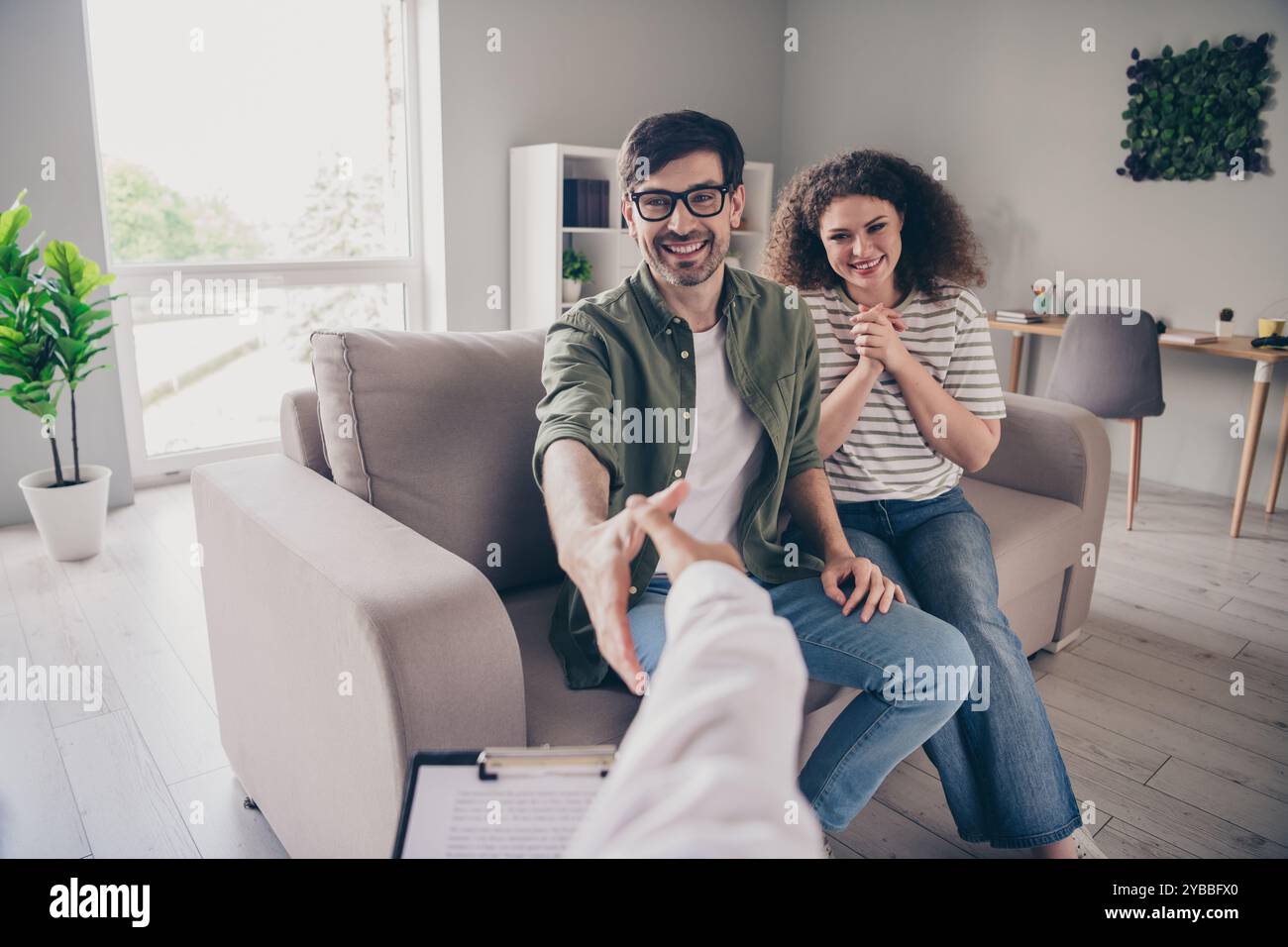 First person view photo of appointment psychotherapist handshake young ...