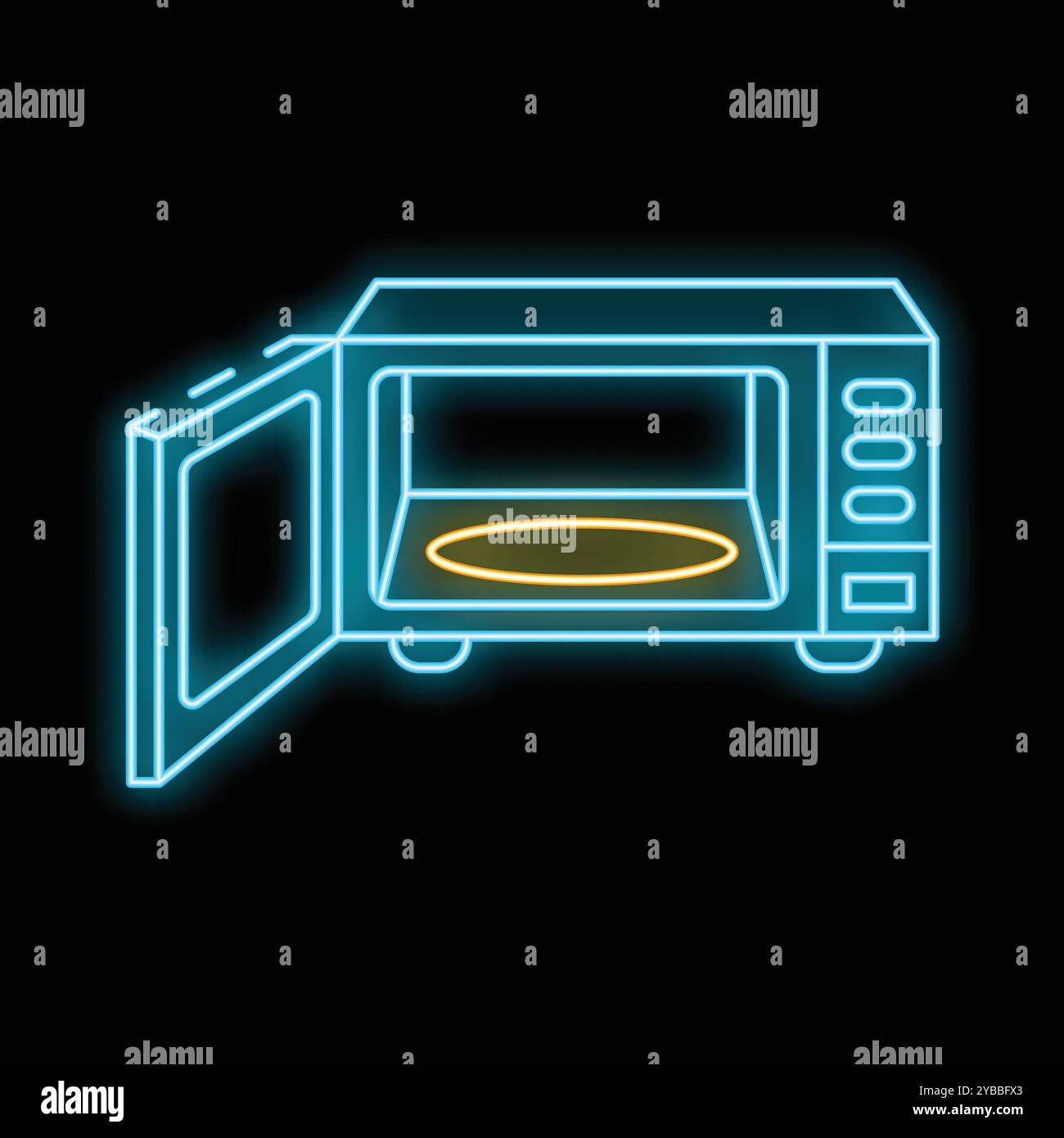 Blue neon microwave oven with open door and empty rotating plate inside ...