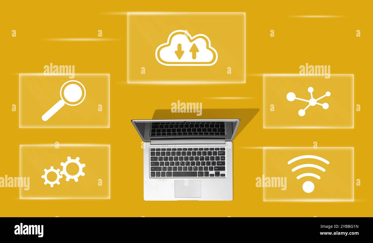 Top view of laptop with symbol of cloud networking concept Stock Photo ...