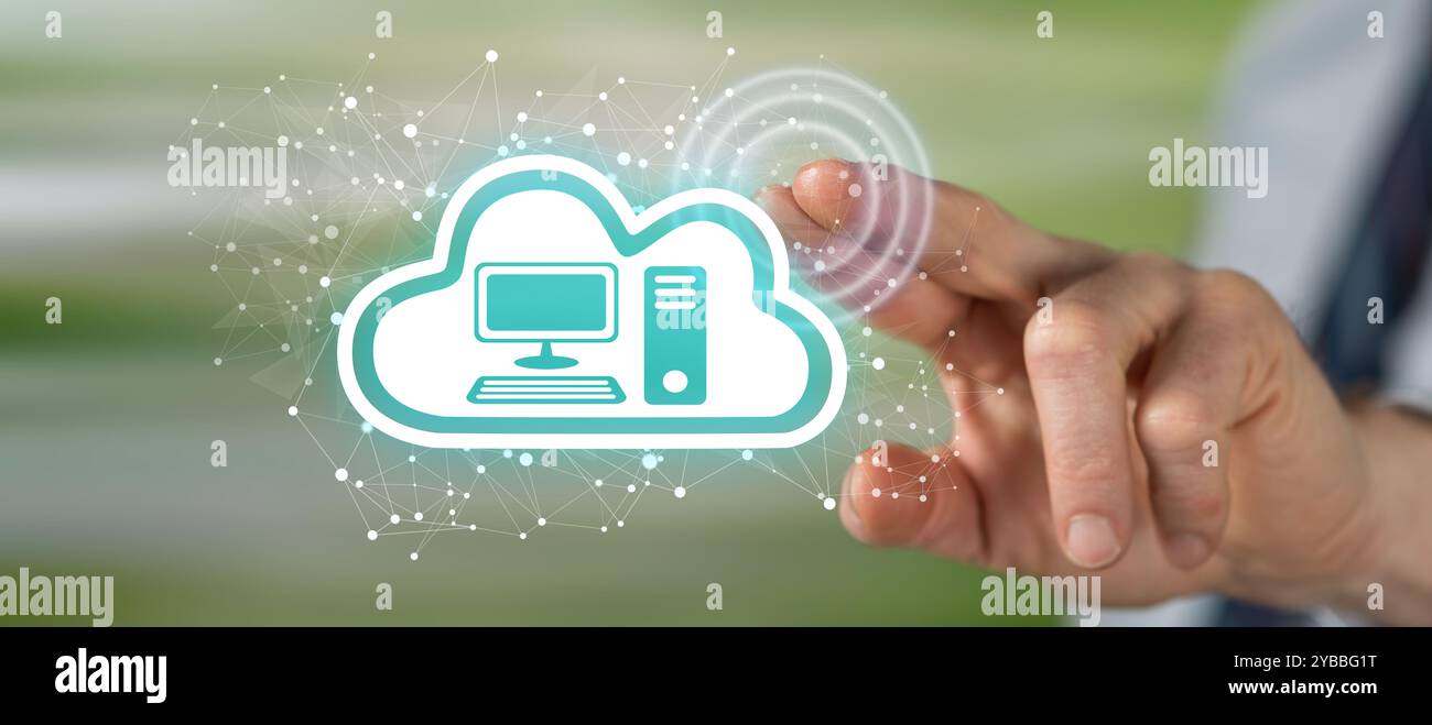Man touching a cloud computing concept on a touch screen with his ...