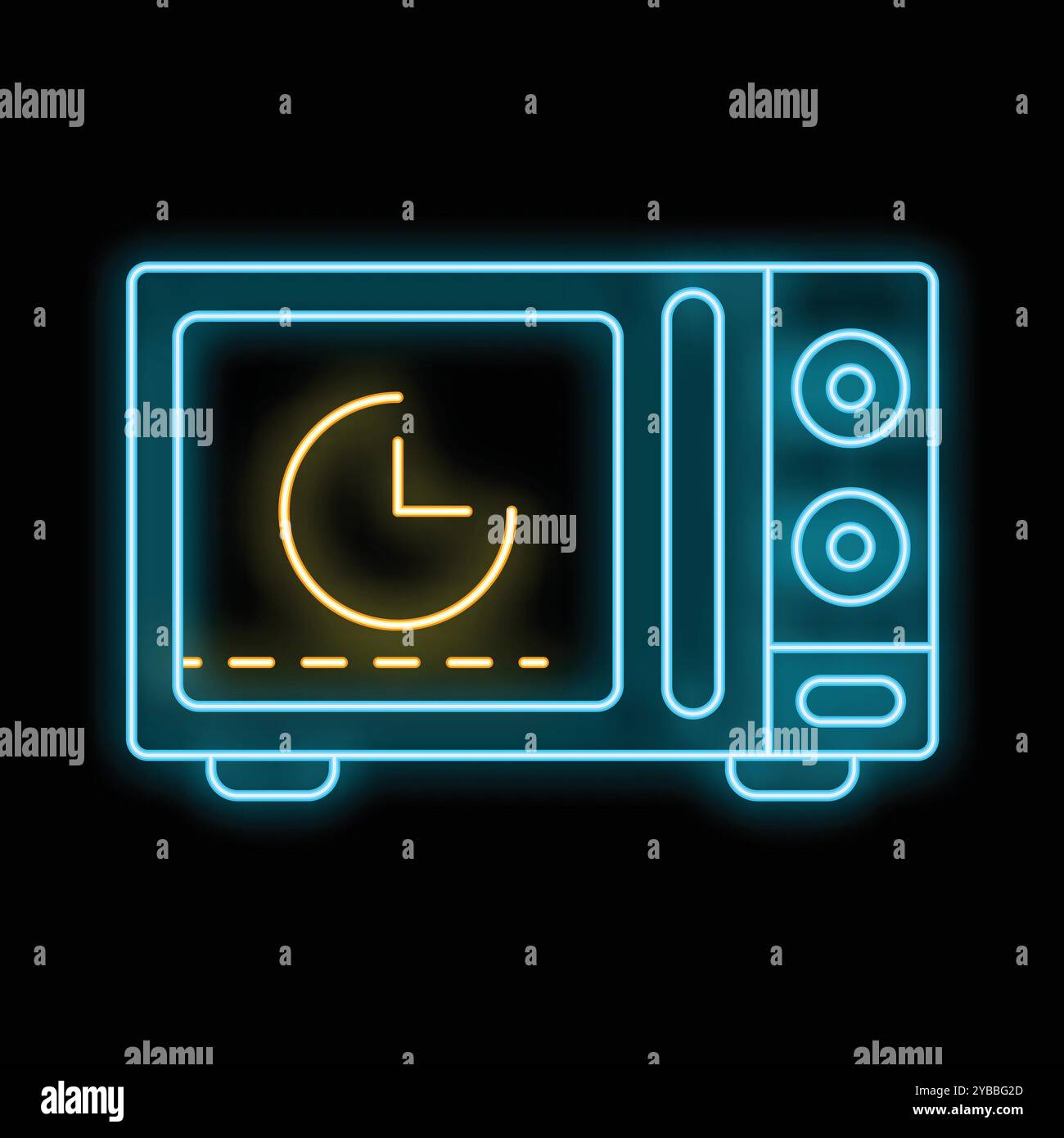 Microwave oven with clock showing cooking time neon icon on black ...