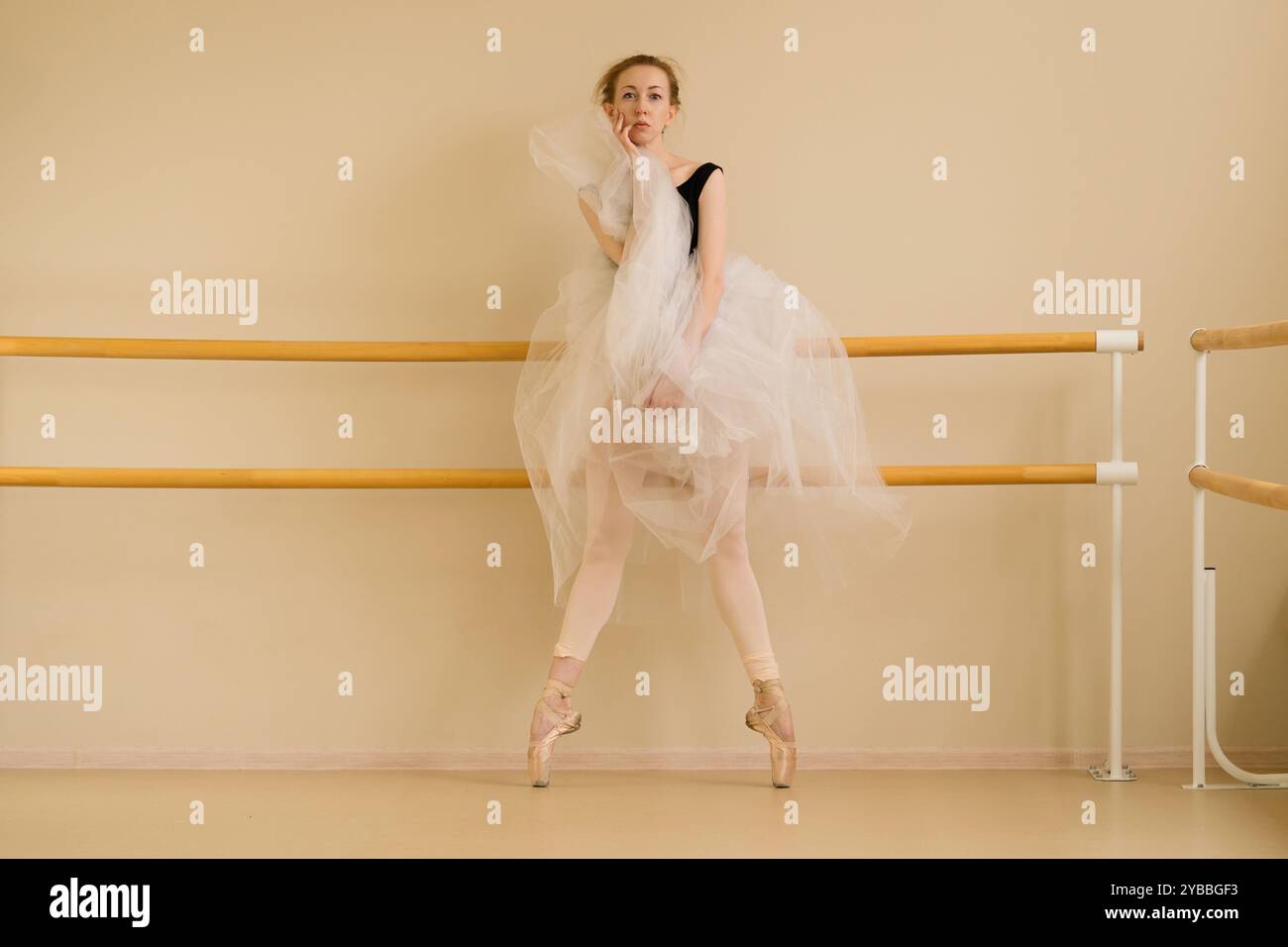A ballet dancer performs a striking pose in the studio, highlighting ...
