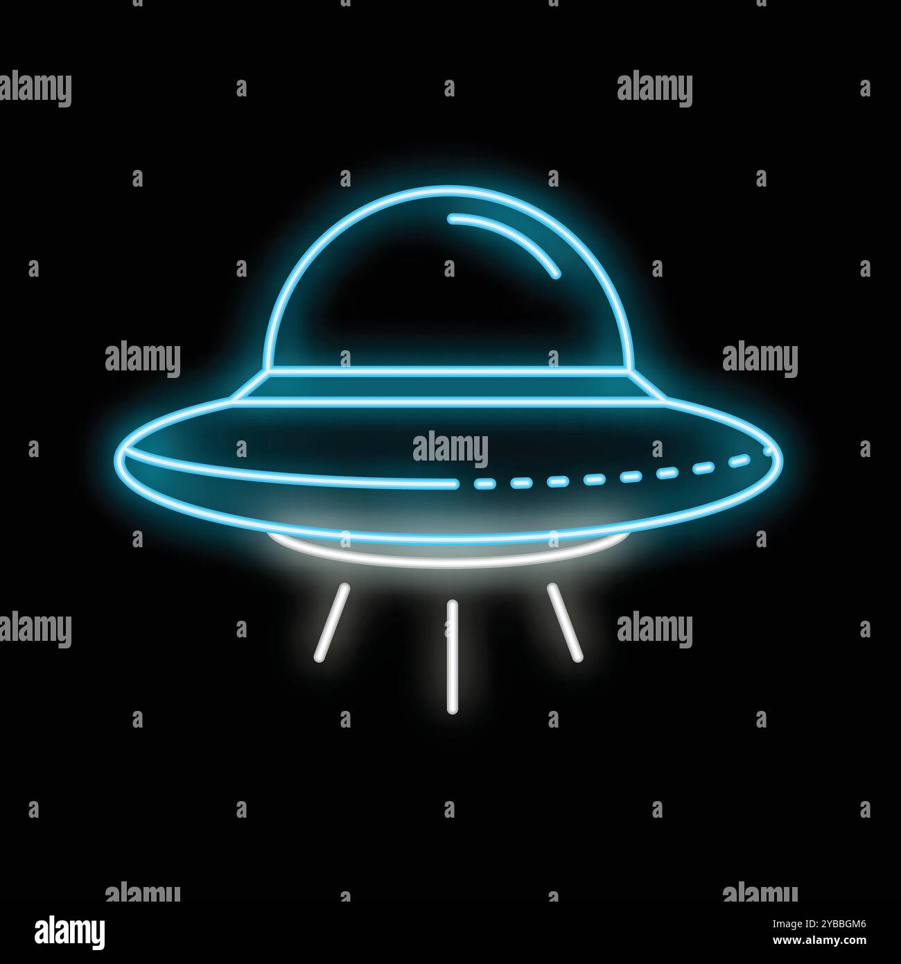 Blue neon sign of a classic ufo spaceship is hovering in the dark and ...