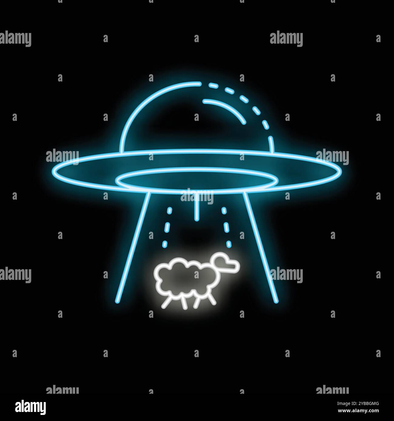 Blue neon icon of a ufo abducting a sheep with a tractor beam on a ...