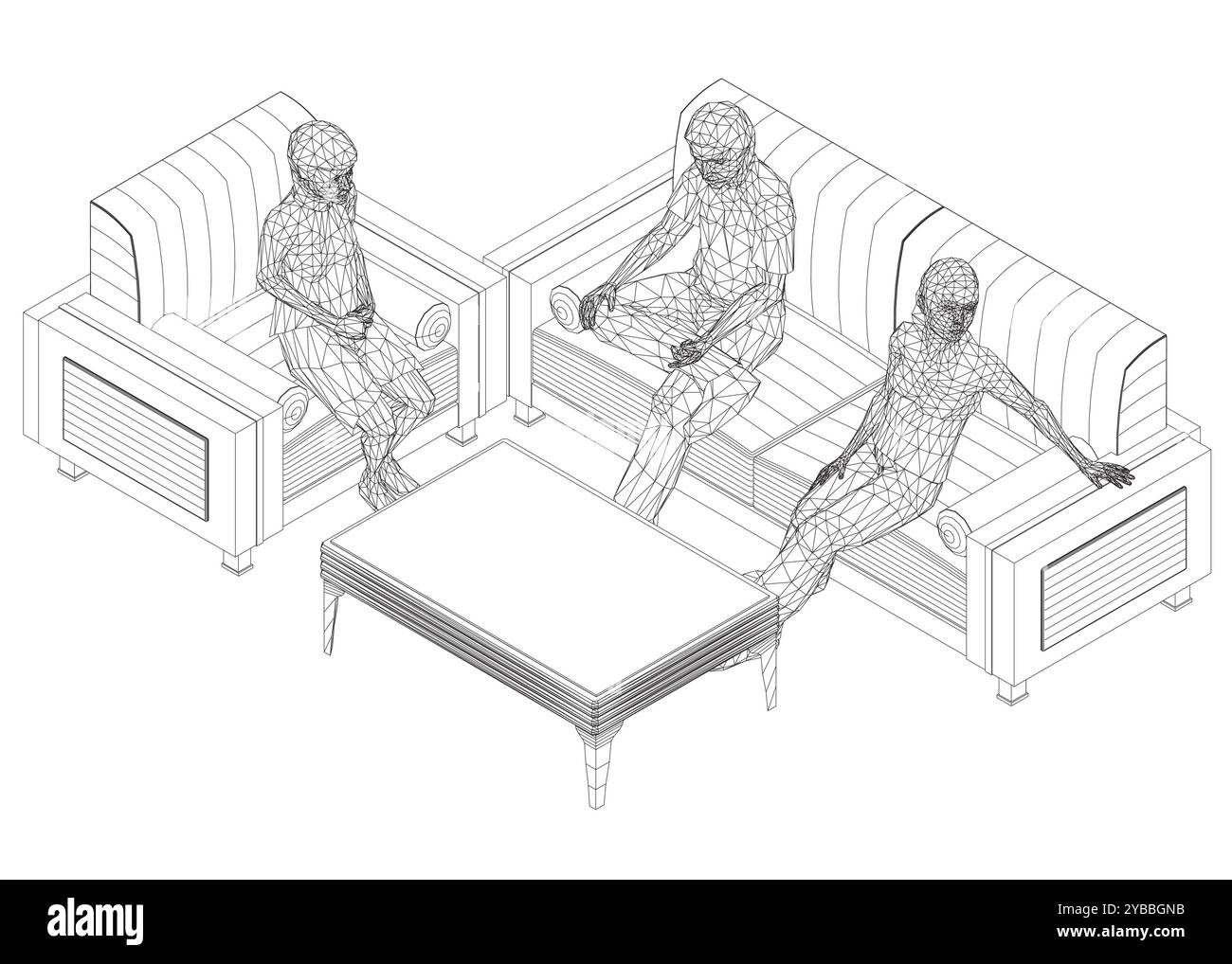 Wireframe of people sitting on sofa and chair at table. Isometric view ...