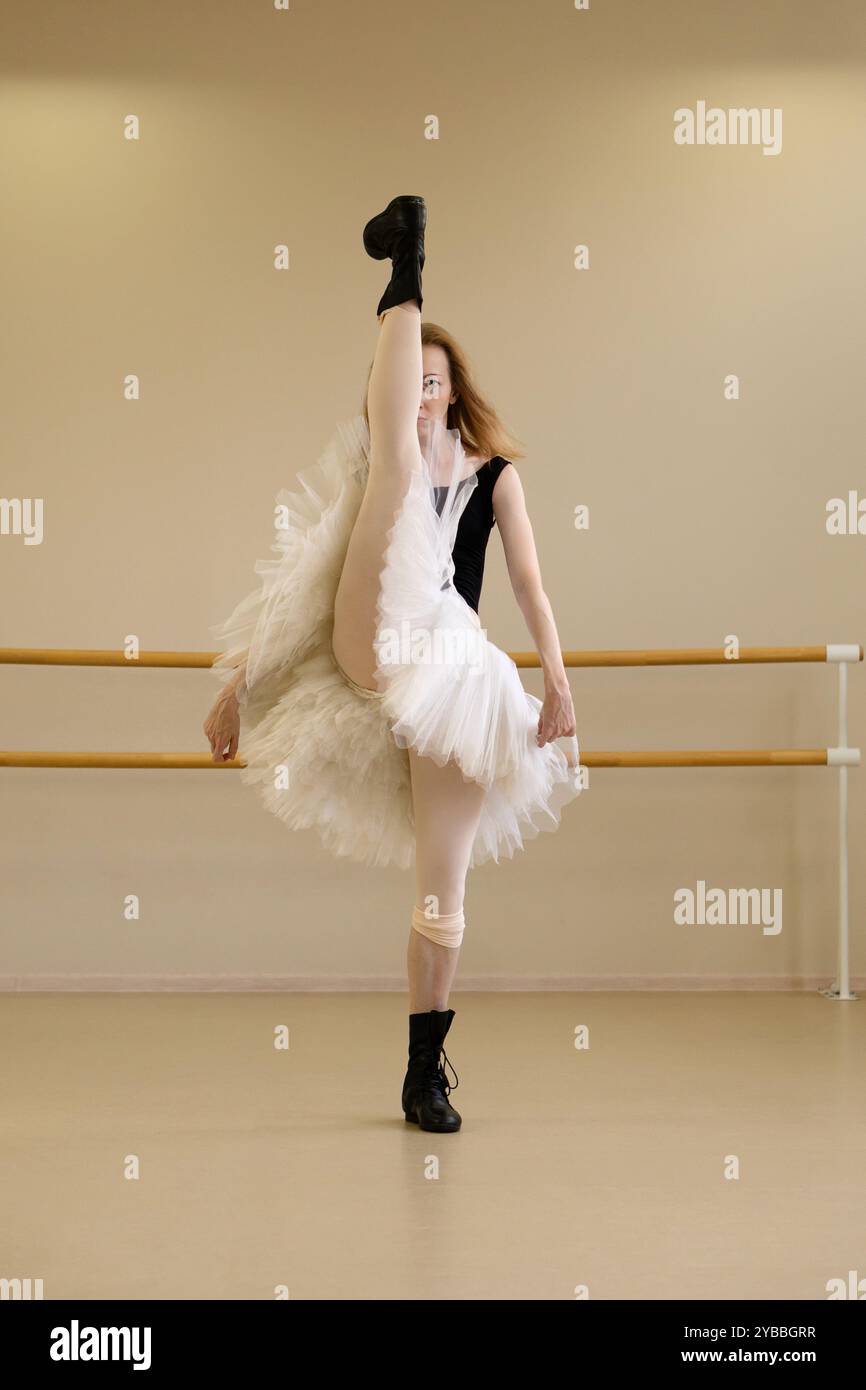 Ballerina in shoes and tutu, high leg extension in modern dance style ...