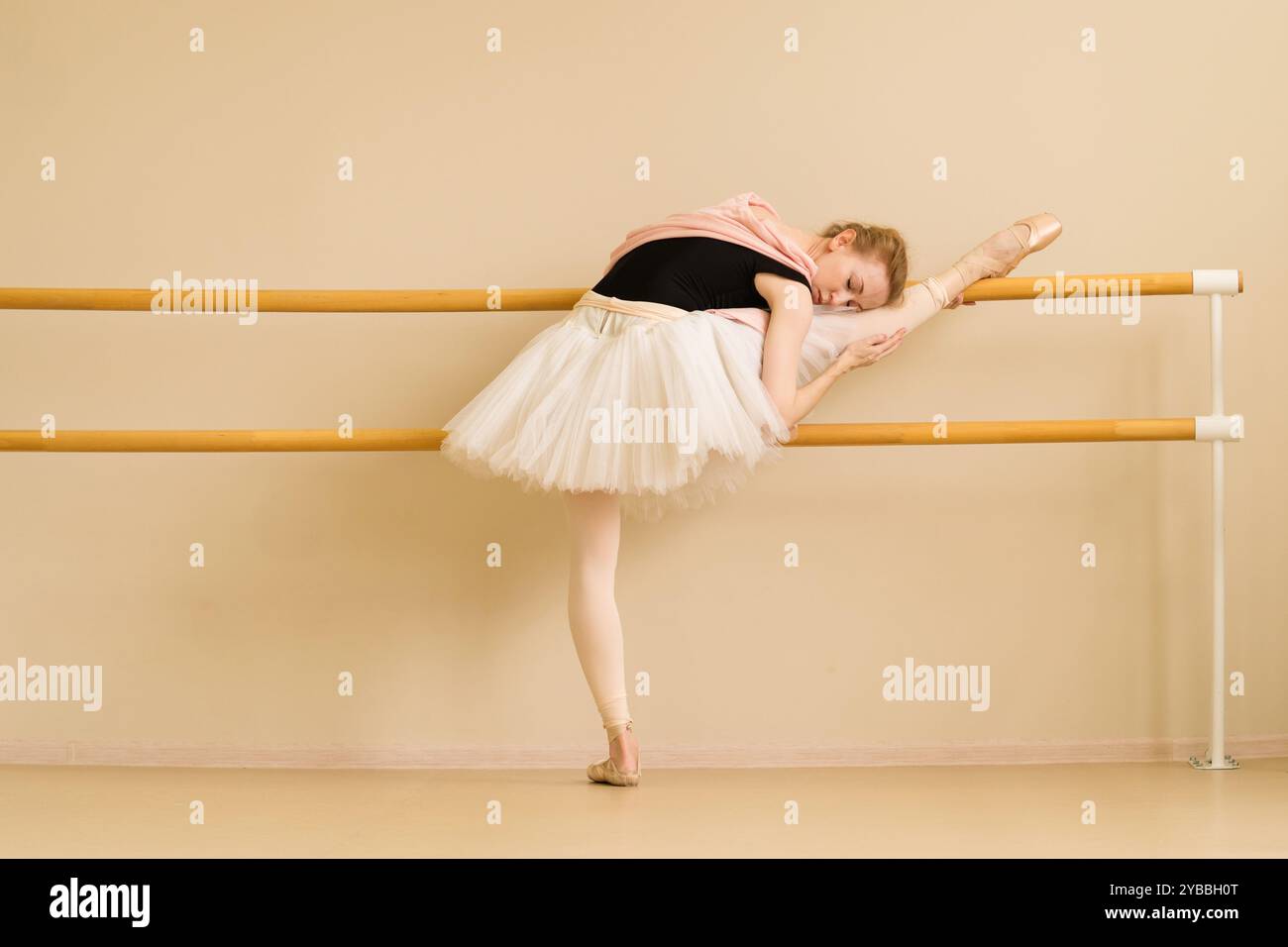A ballerina stretches with her leg on the barre, gracefully resting her ...