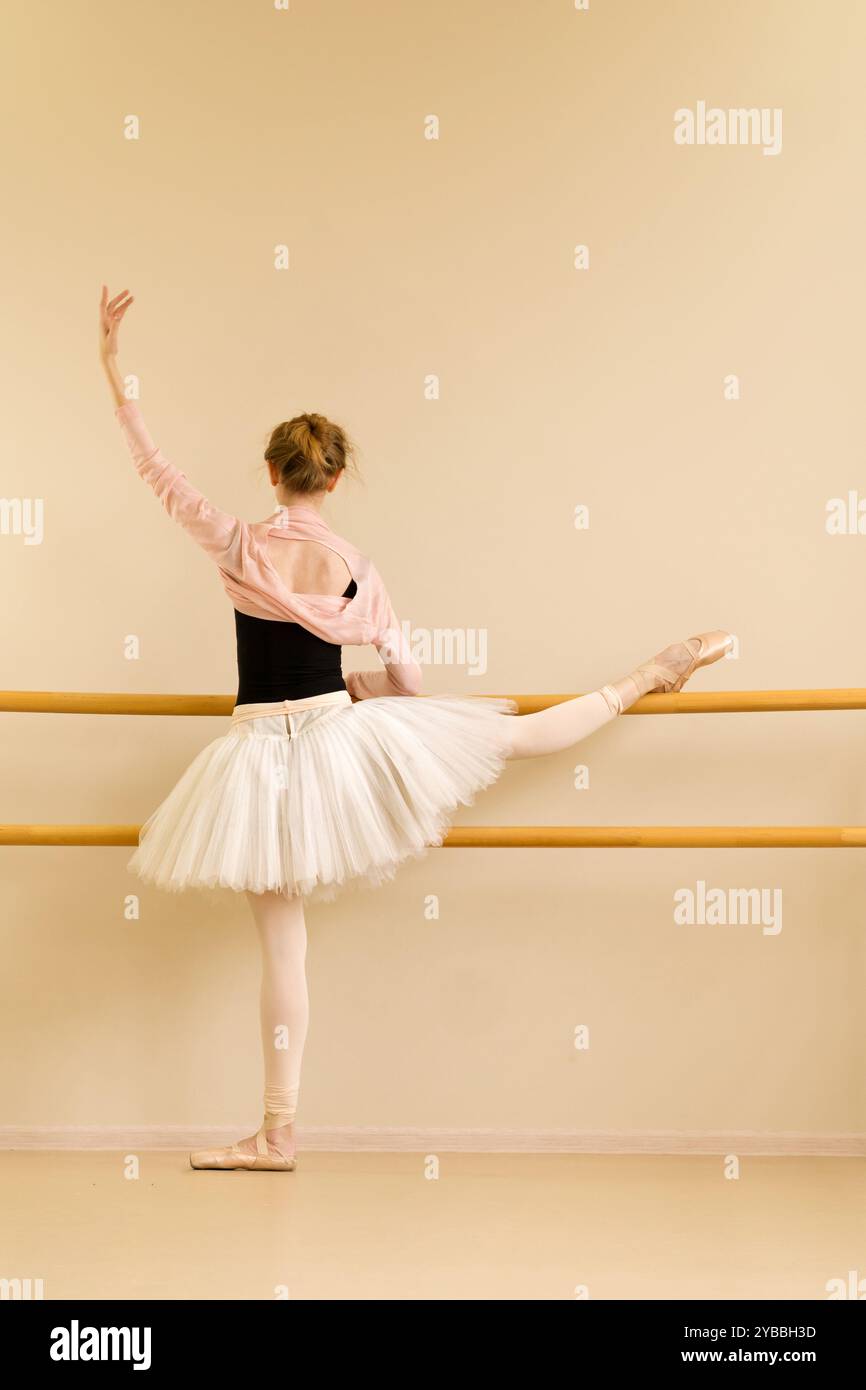 Ballet dancer stretching leg on barre with poised arms Stock Photo - Alamy