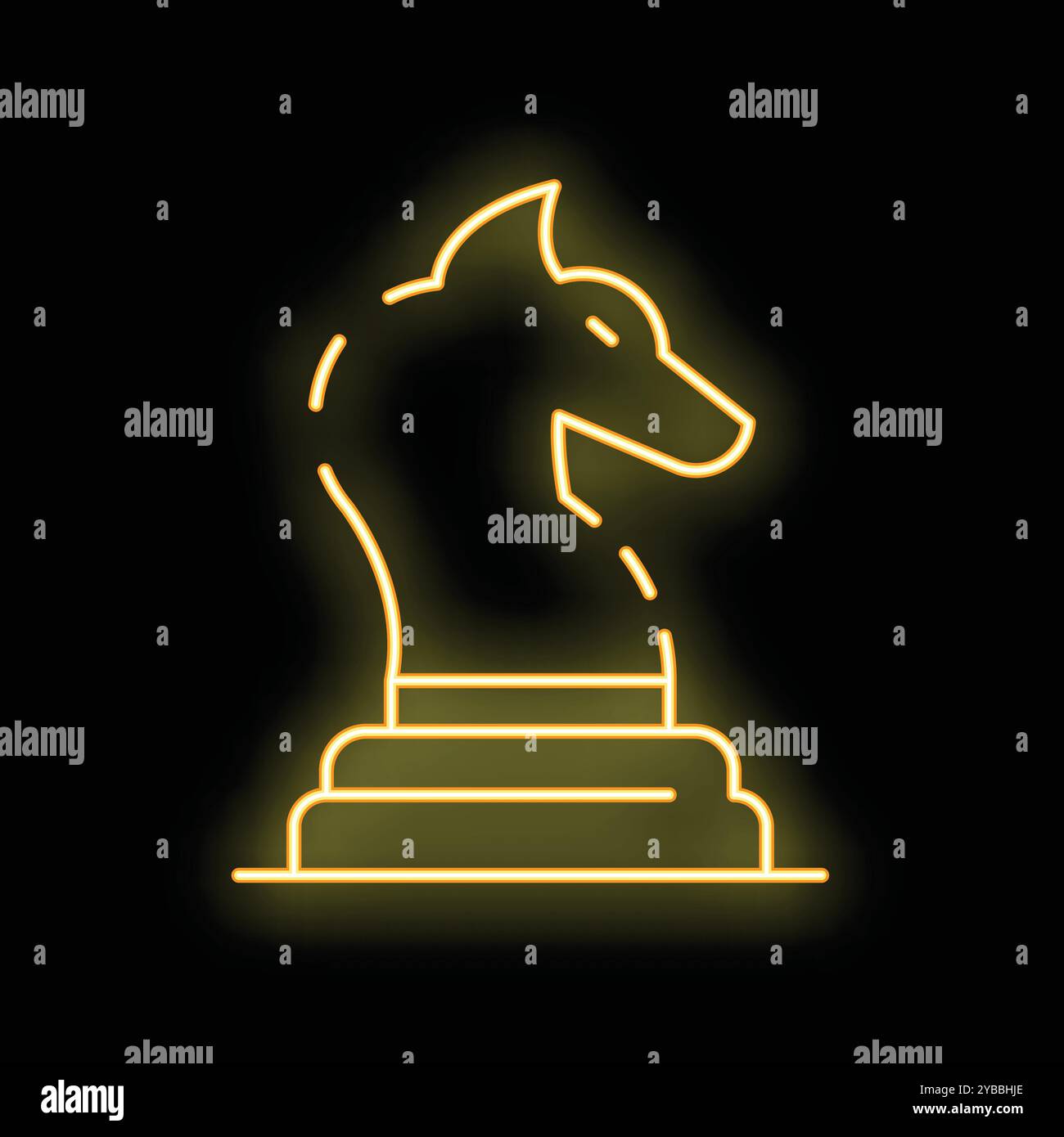 Glowing neon line chess knight figure icon isolated on black background ...