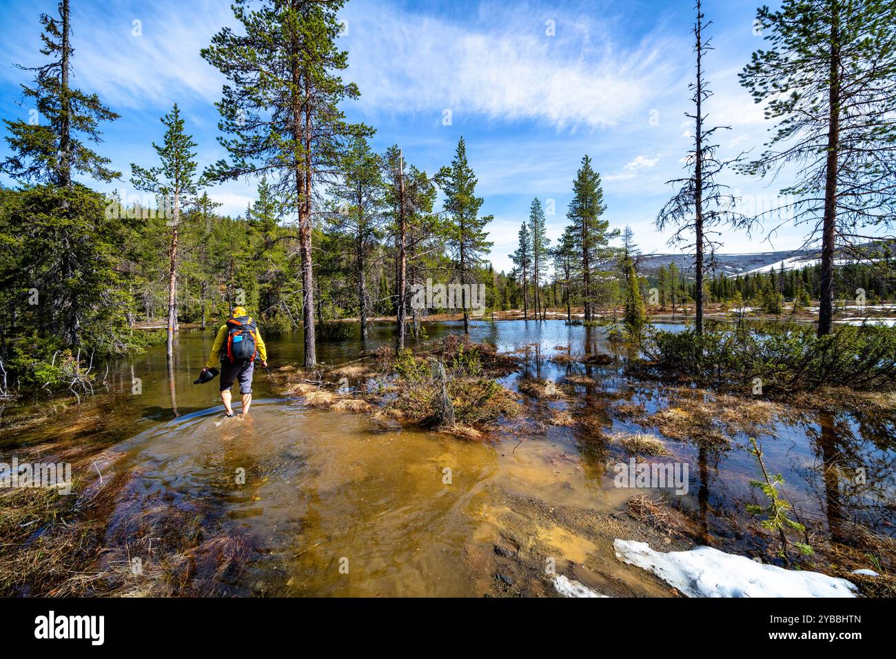 Hiking on a flooded trail in Pallas-Yllästunturi National Park, Kolari ...