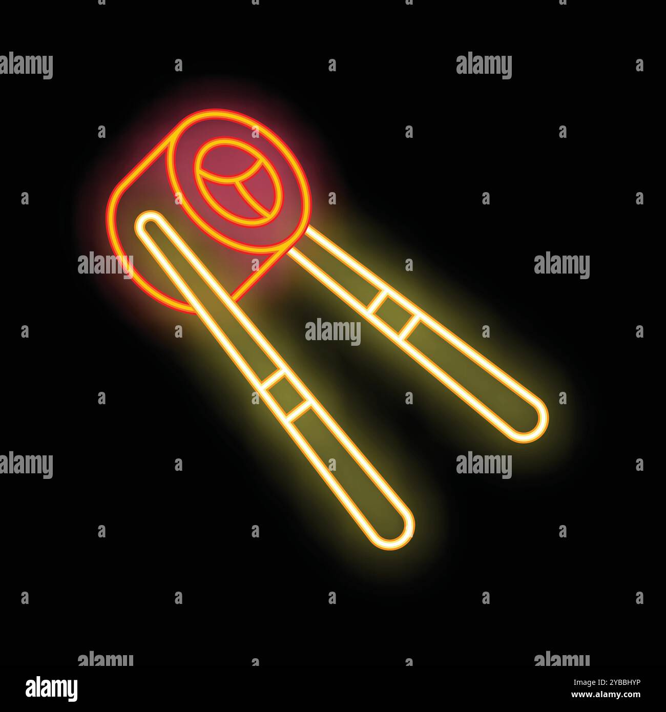 Bright sushi bar neon sign with glowing chopsticks holding sushi roll ...