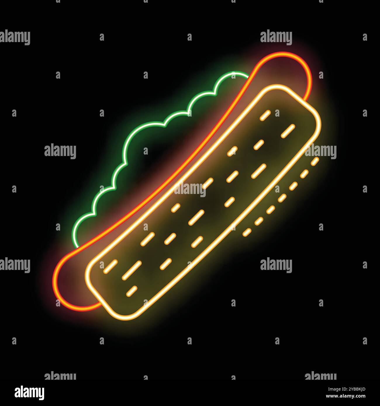 Neon sign of a hot dog with mustard glowing on a black background Stock ...