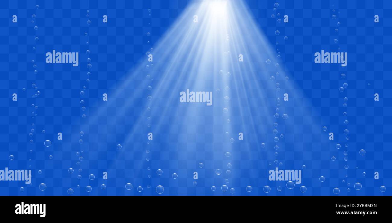 Bubbles of air or carbonated water underwater rise up under sunlight ...