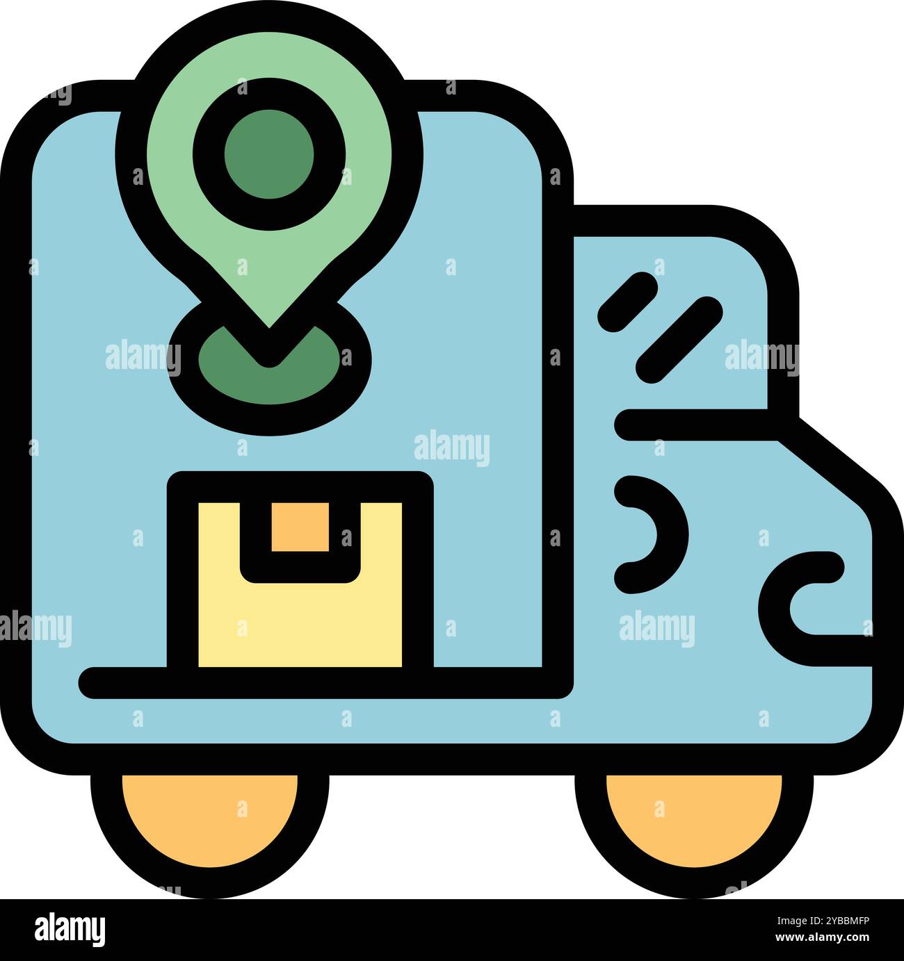 Delivery truck carrying a parcel with location pin showing successful ...