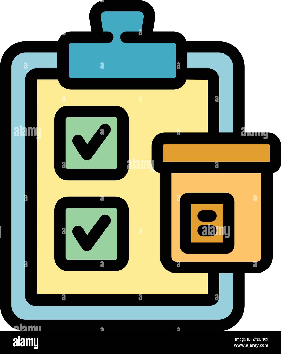 Clipboard showing checklist with two check marks and product box ...
