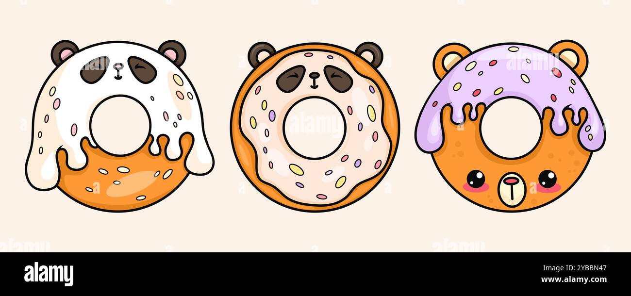 Cute donuts cartoon kawaii character collection. Funny animal bear and ...