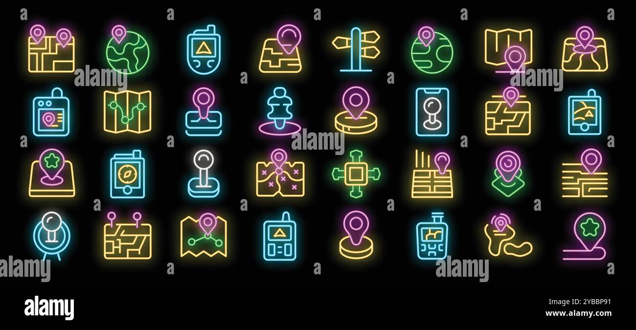 Vibrant collection of neon icons depicting various aspects of gps ...