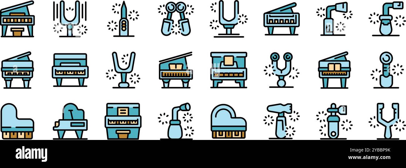 Piano tuning service collection with tuning fork and tools icons set in ...