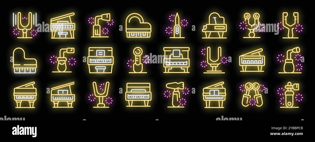 Set of grand piano music instrument neon light icons glowing brightly ...