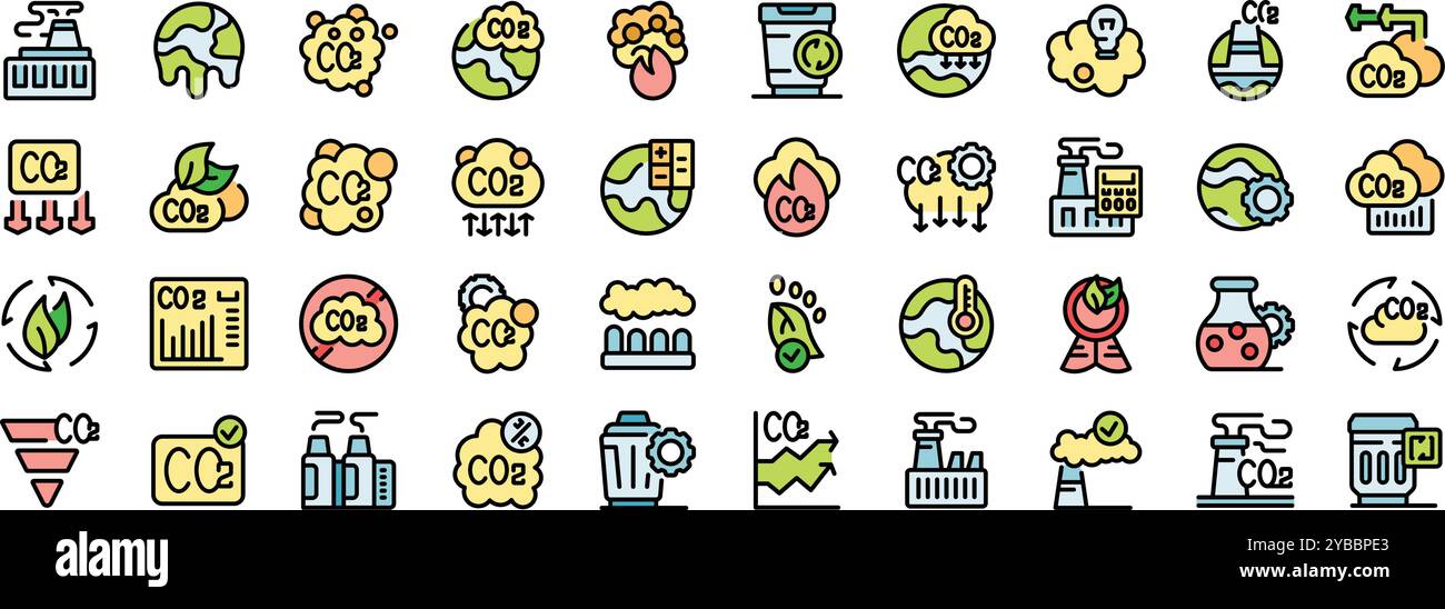 Icons depicting concepts such as carbon dioxide emission, reducing co2 ...