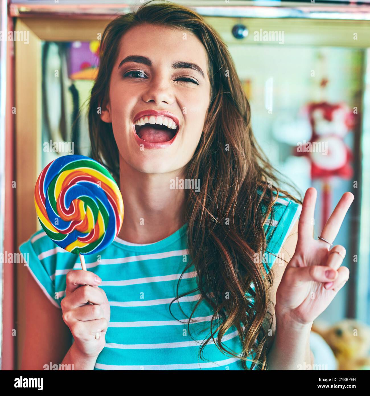 Lollipop, woman and portrait with retro, peace sign and gen z cosmetics ...