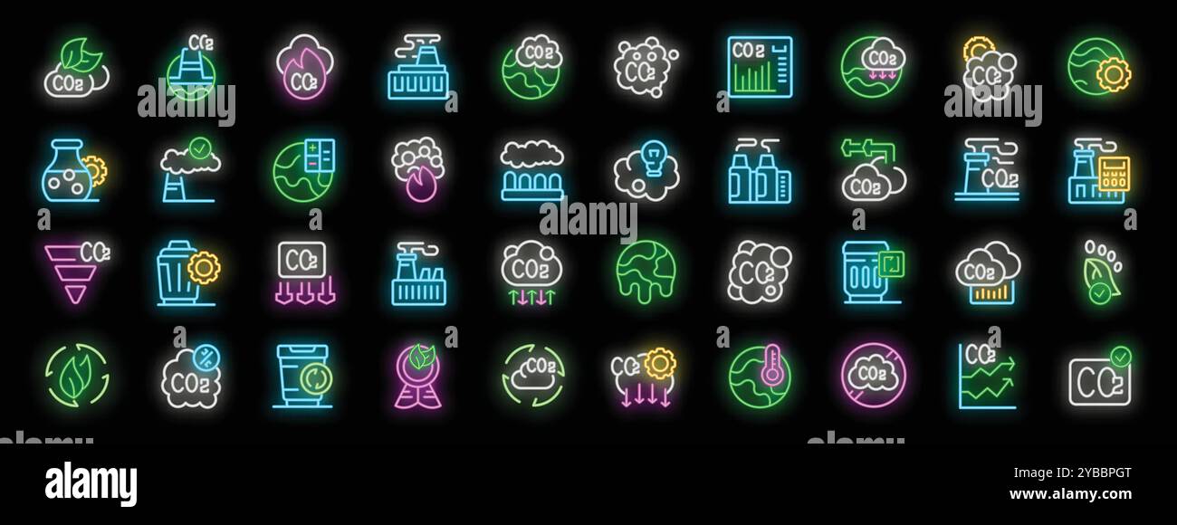 Explore a vibrant collection of neon icons depicting co2 emissions ...