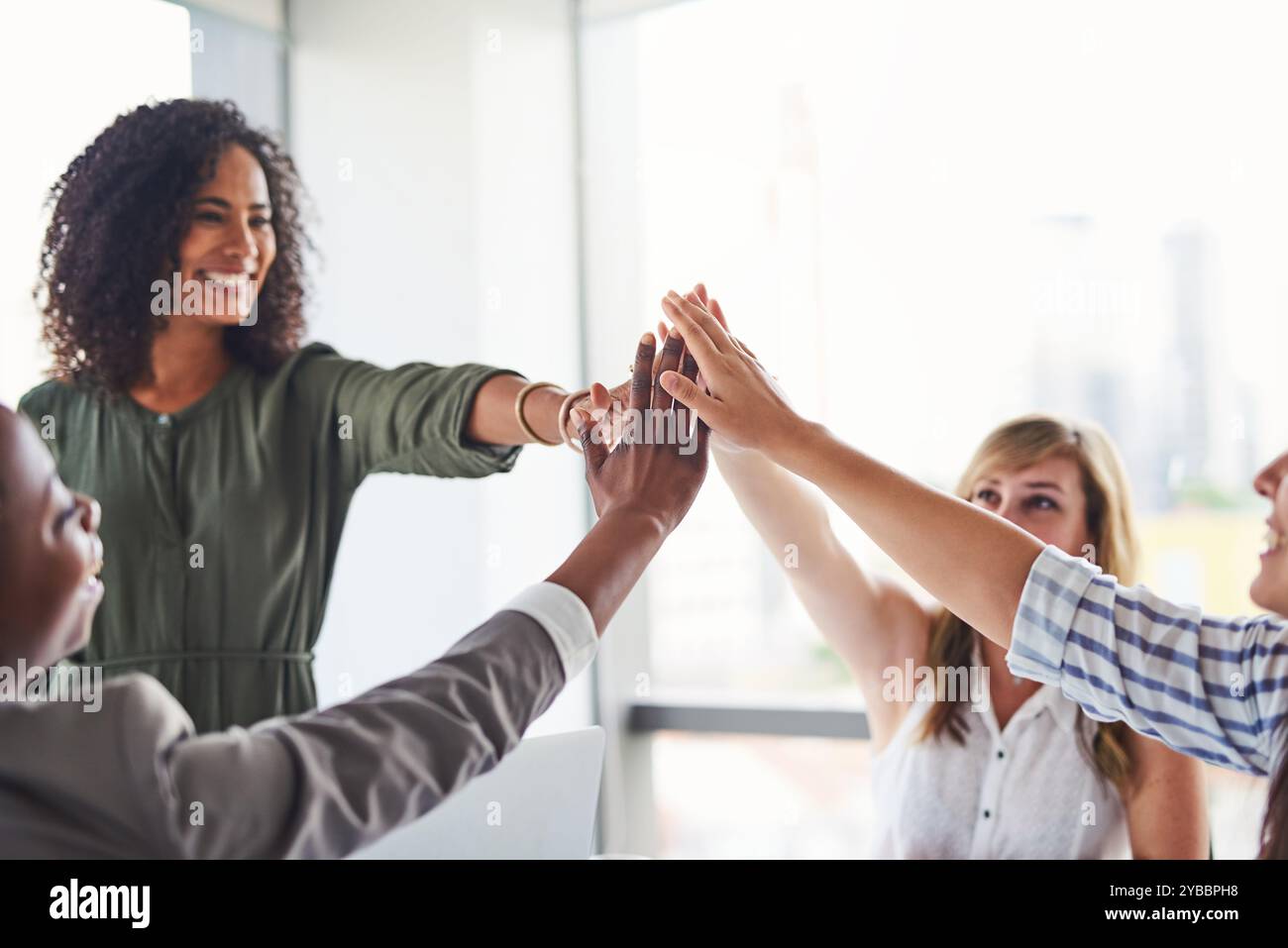 Business people, high five and office meeting for team motivation, mission success and ...