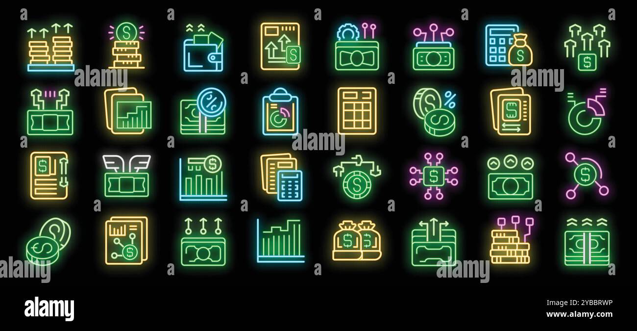 Set of colorful neon icons representing different aspects of financial ...