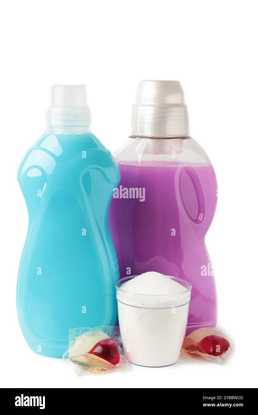 Laundry detergents with washing powder and capsules isolated on white ...