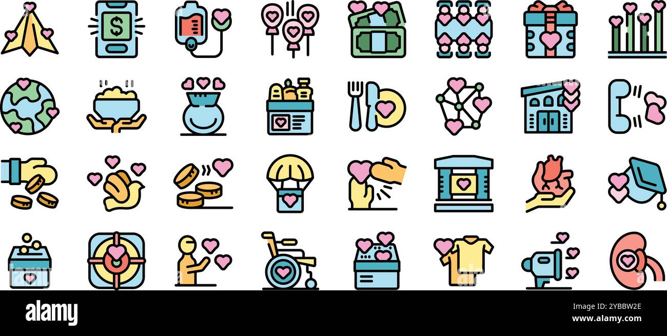 Set of colorful icons depicting various aspects of charity, including ...