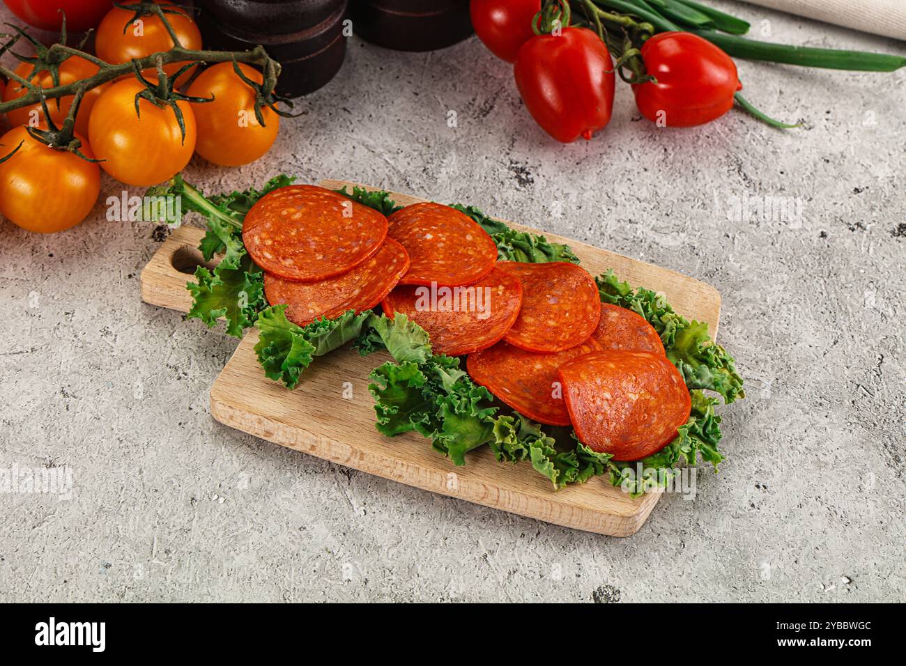 Spanish salami cured chorizo sausage slices Stock Photo - Alamy