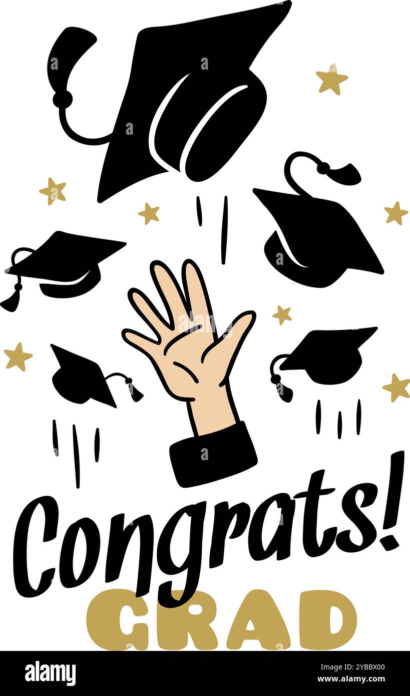 Congrats graduation label. Hats flying in air sticker Stock Vector ...