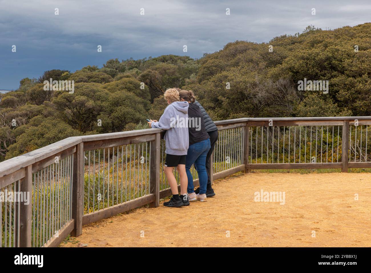 Three people observing the view from a lookout in Barwon Heads Stock ...