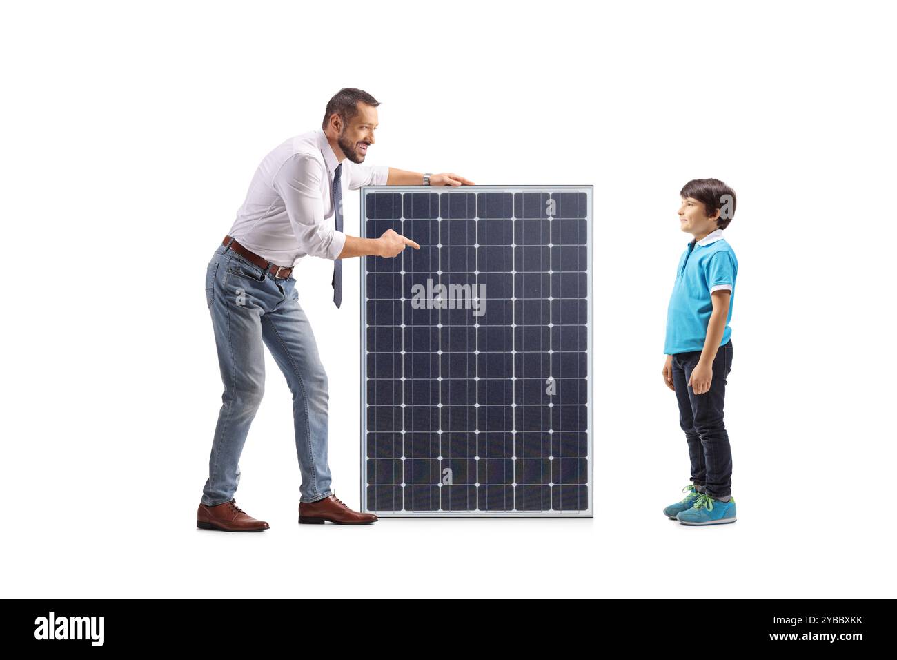 Father talking to his son and explaining a solar panel isolated on ...