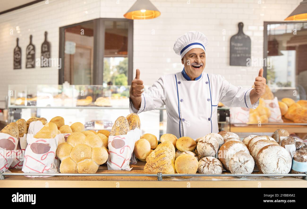 Cheerful mature male baker showing both thumbs up in a bakery Stock ...
