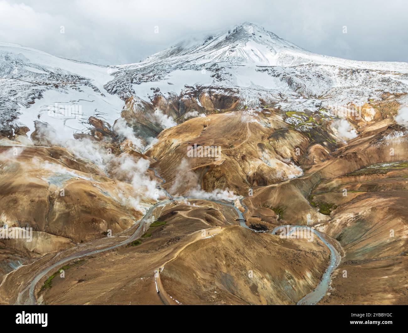 Steaming hot springs and colourful rhyolite mountains, aerial view ...