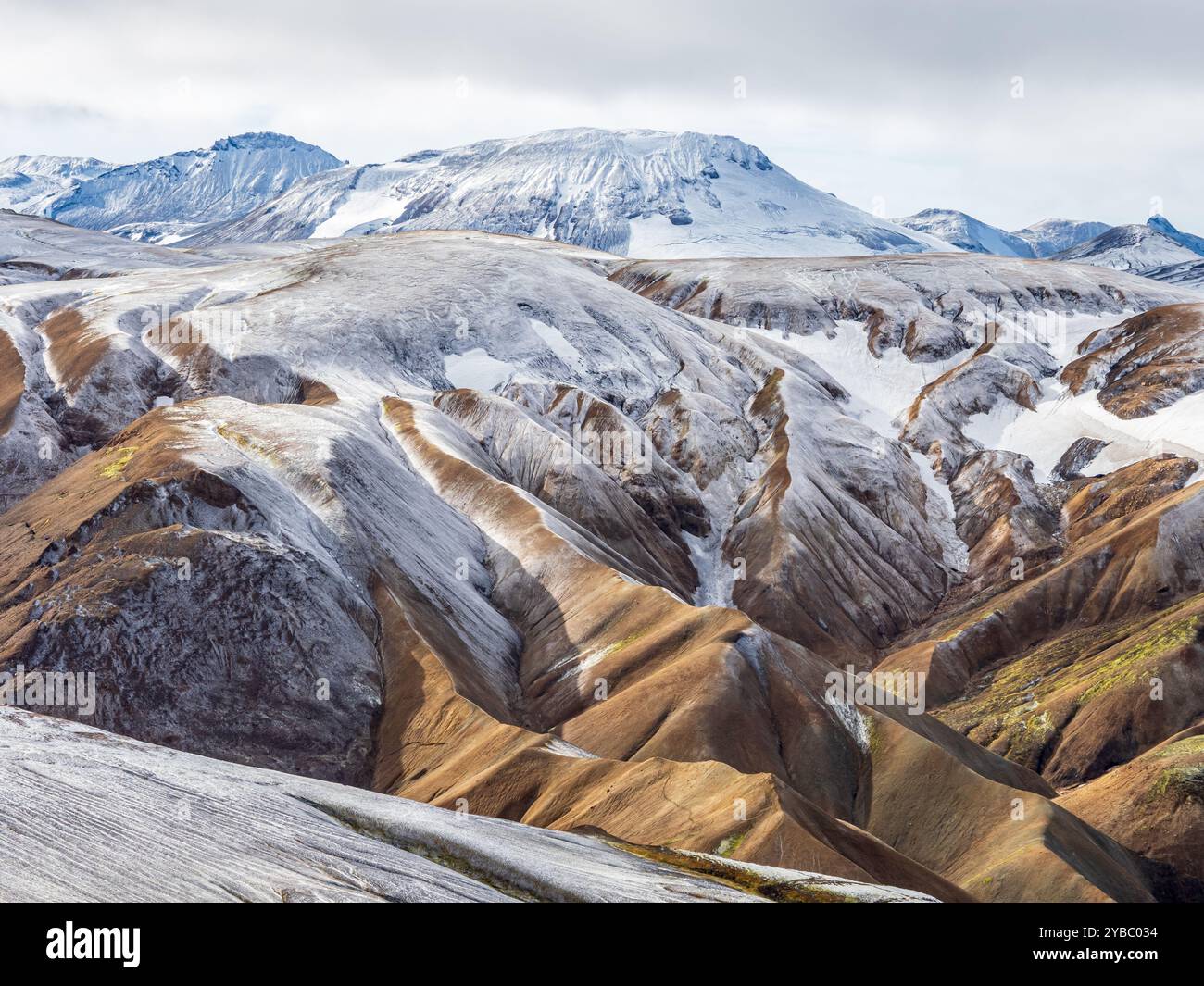 Early snow on the colorful rhyolite mountains, Landmannalaugar ...