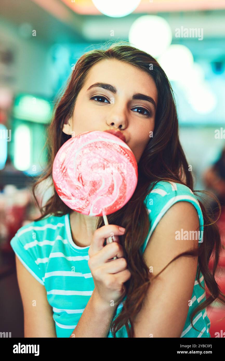 Lollipop, girl and portrait with vintage, aesthetic and gen z cosmetics ...