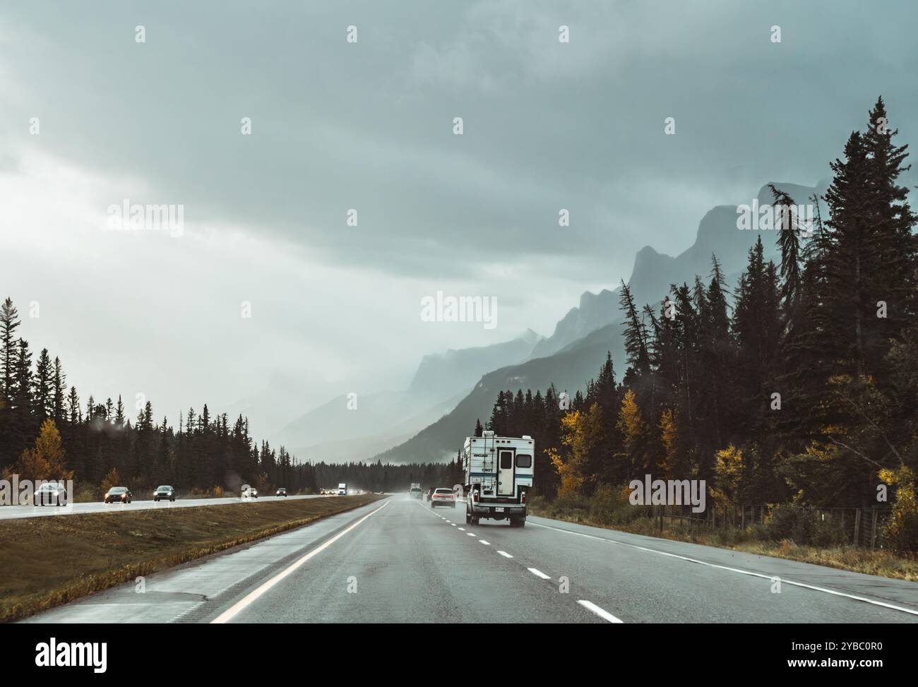 Mountain views while driving on highway through Banff, Canada Stock ...