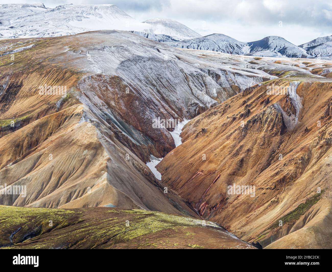 Early snow on the colorful rhyolite mountains, Landmannalaugar ...