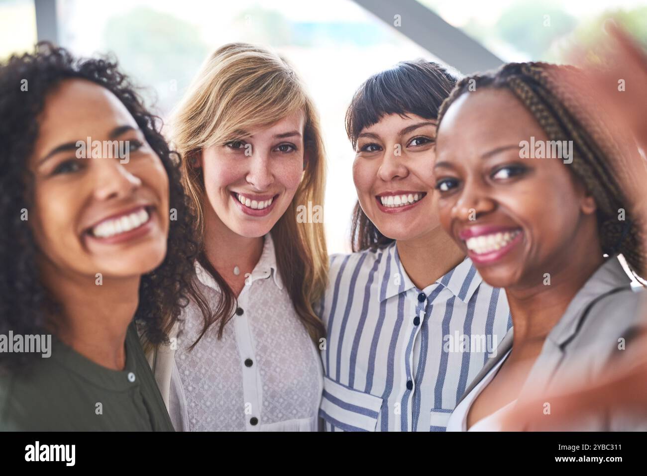 Happy, selfie and portrait with business people in office for community, support and diversity ...
