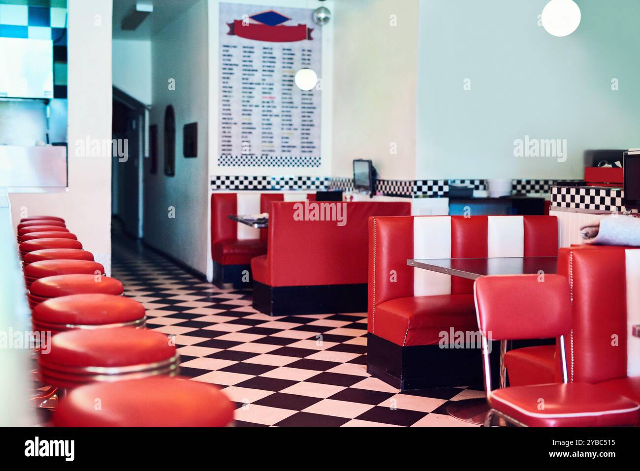 Small business, empty and retro diner with chairs, decorations and ...
