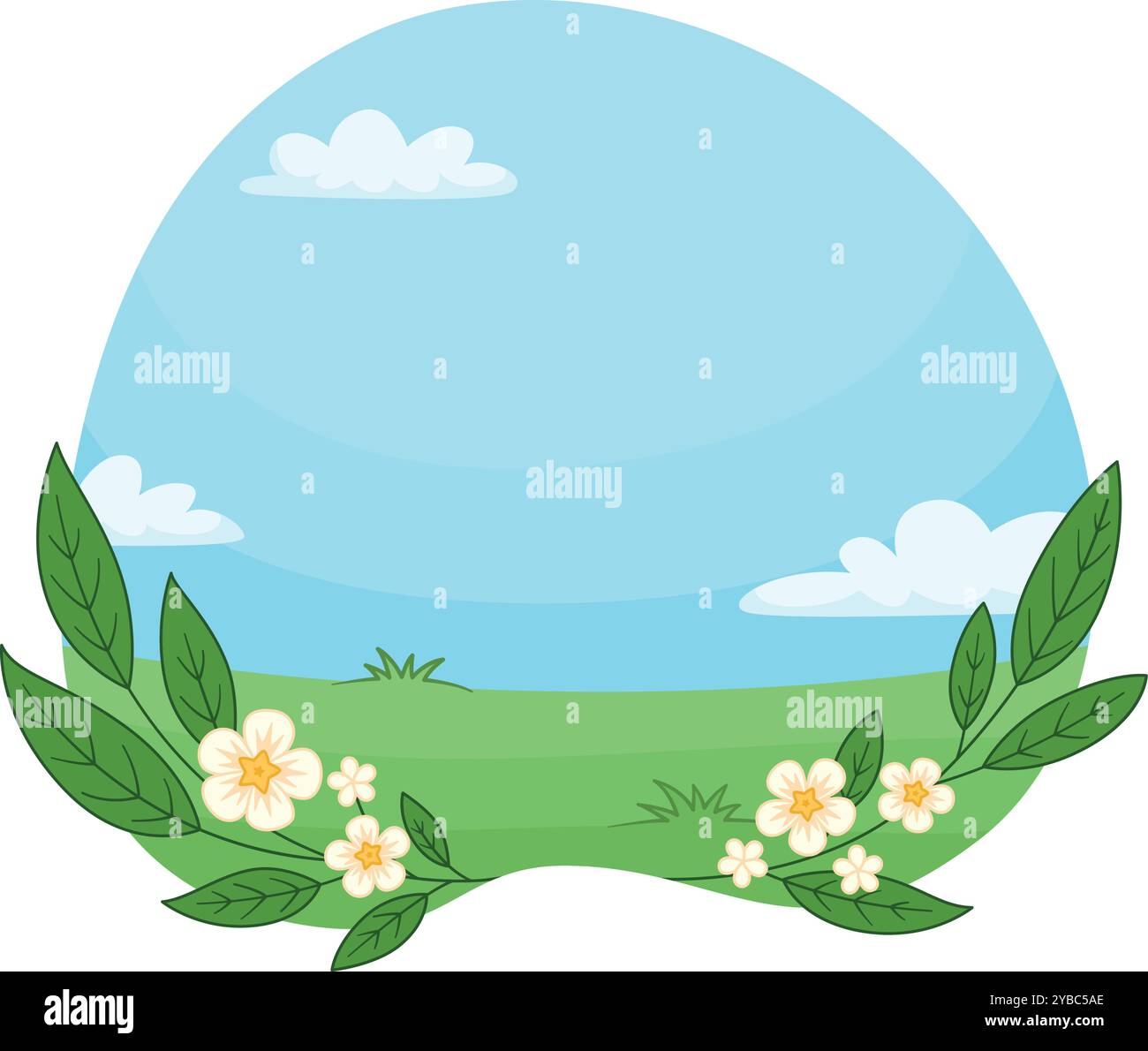 A cartoonish drawing of a field with a blue sky and white flowers Stock ...