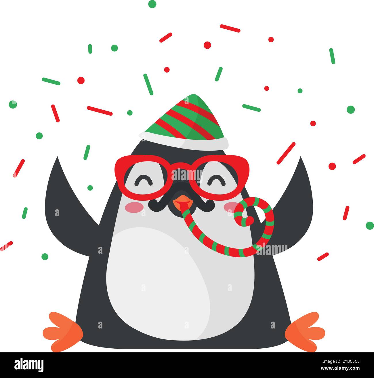 Happy penguin celebrating with falling confetti. Bird in party hat ...