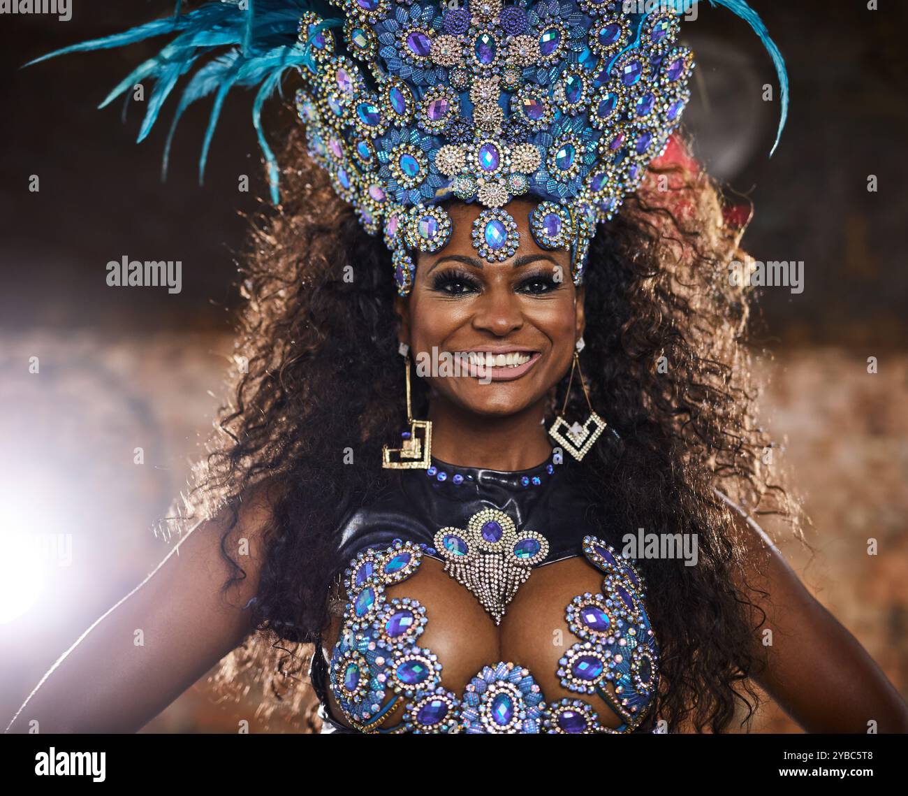 Portrait, black woman and happy as samba dancer with traditional costume and outfit in Brazil ...