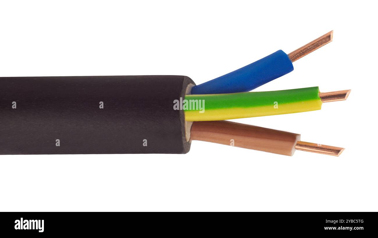 Close up of insulated electrical cable with exposed three copper wires ...