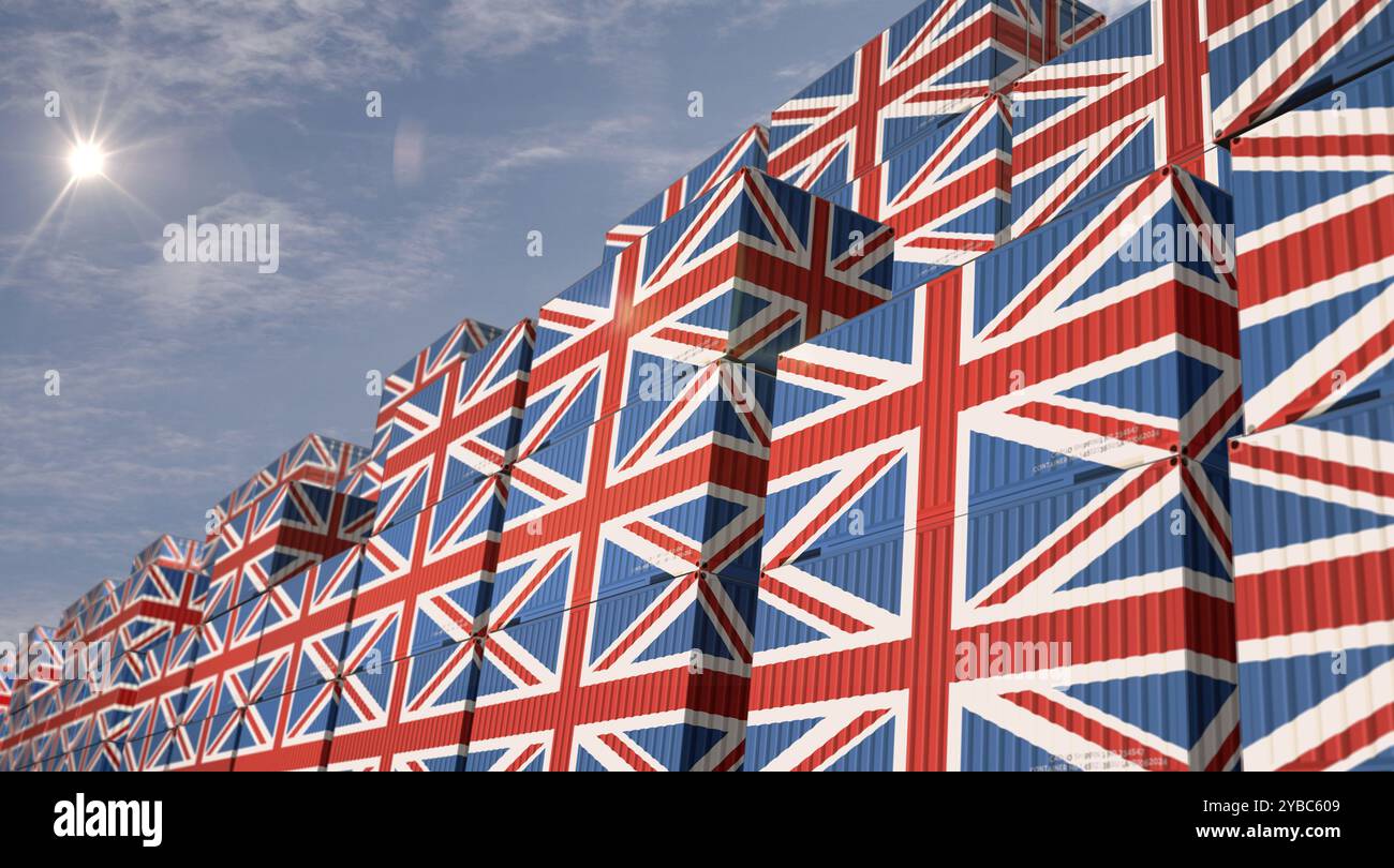 UK Great Britain export production and import cargo containers in row ...