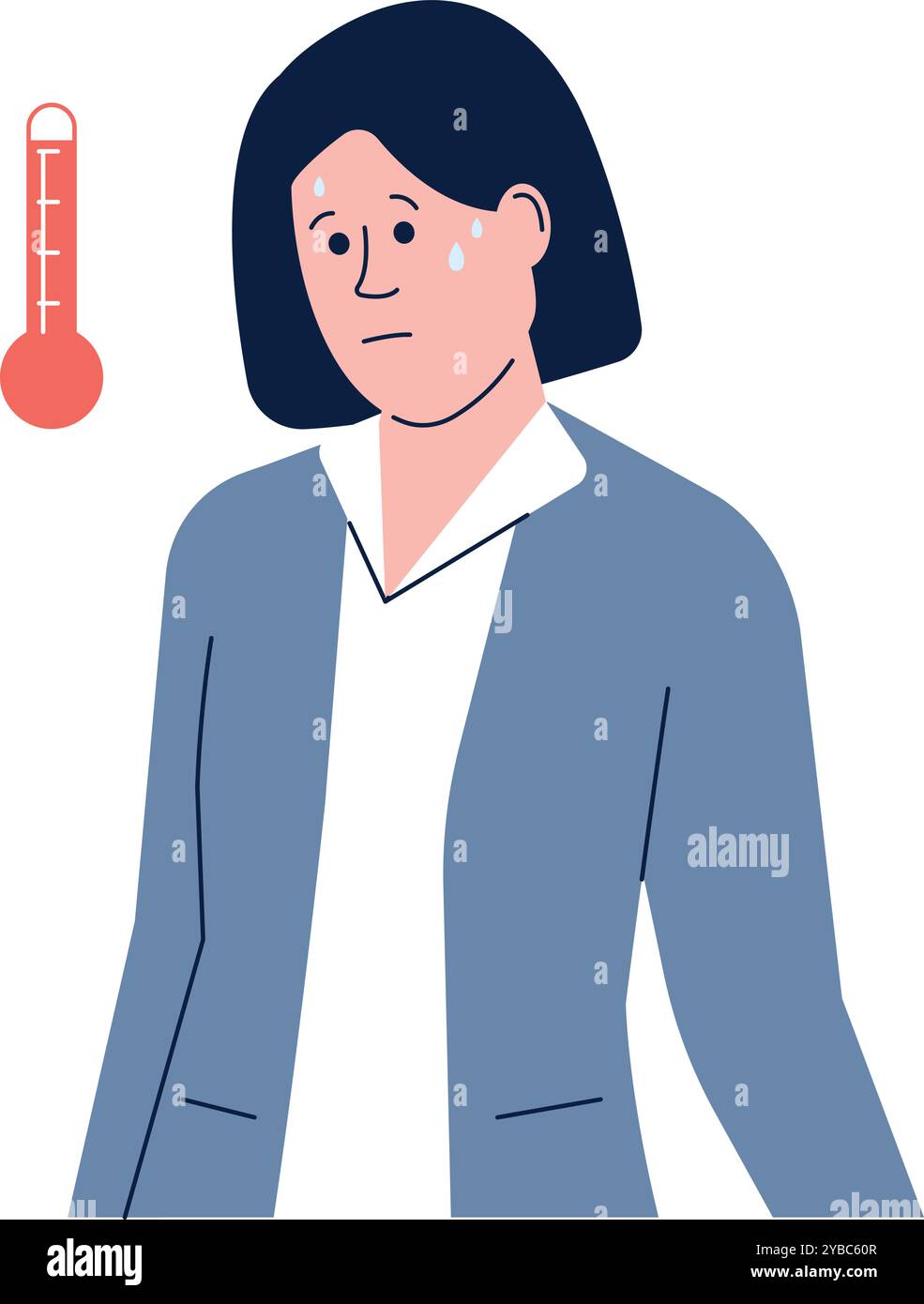 A woman is standing in front of a thermometer with a sad expression on ...