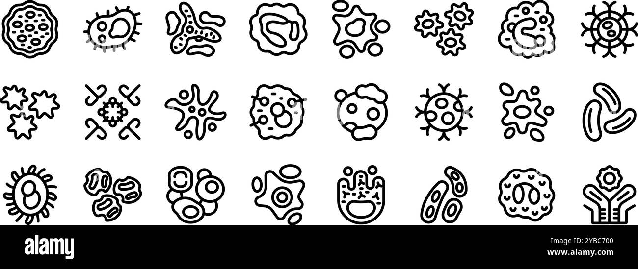 Immune system cells icons set. Set of simple black and white line icons featuring various ...